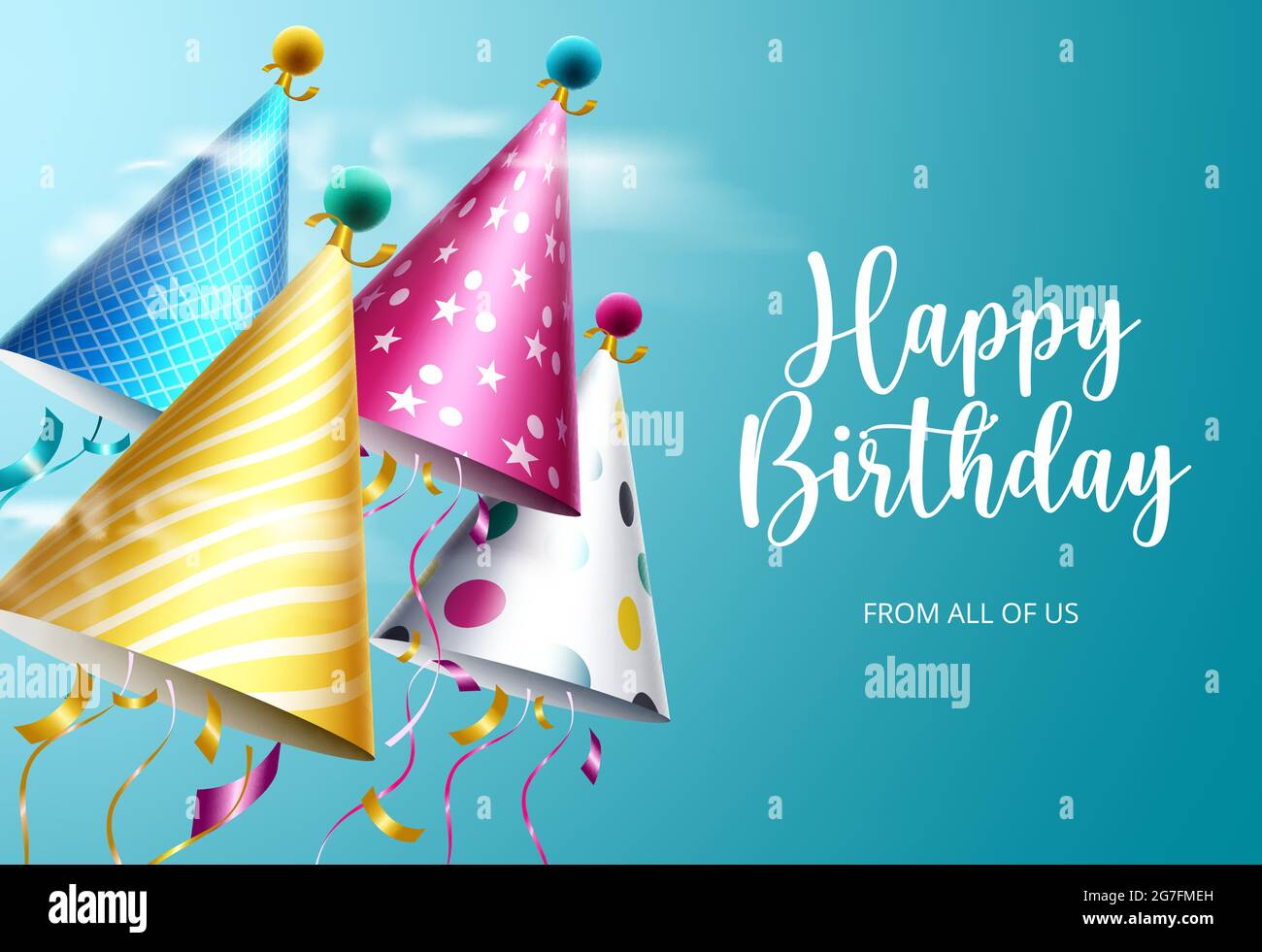Birthday party hats vector design. Happy birthday text with colorful ...