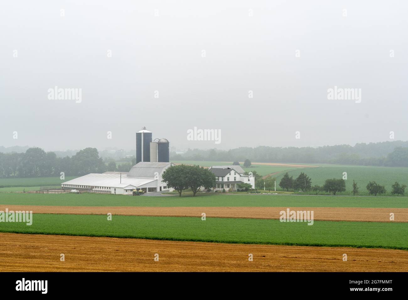 Farm in a valley surrounded by fields captured on a cold foggy day ...