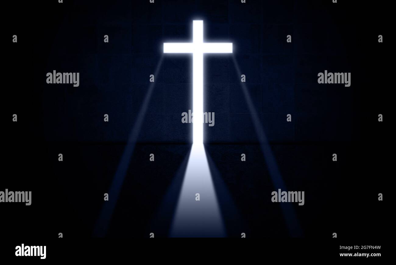 Cross Light In dark concrete Room or hall. empty building with cross ...