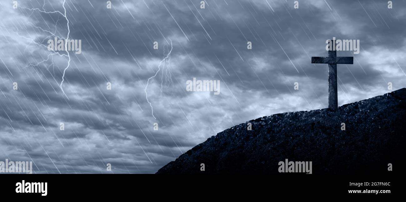 Cross In Dramatic Raining Sky up hill. Creepy Scene Panoramic Sky ...