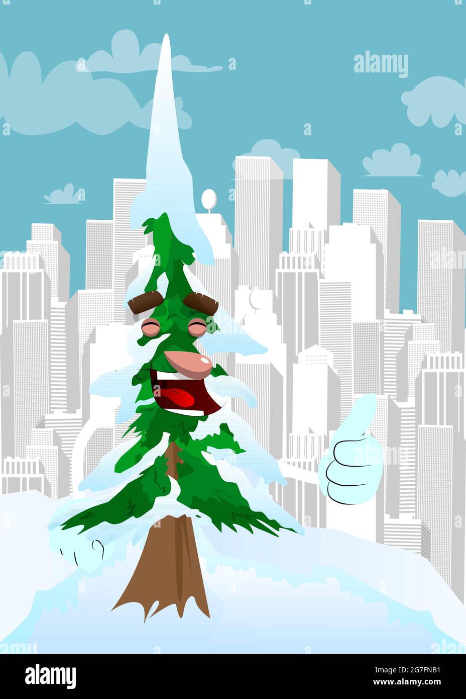 Cartoon winter pine trees with faces making thumbs up sign. Cute forest ...