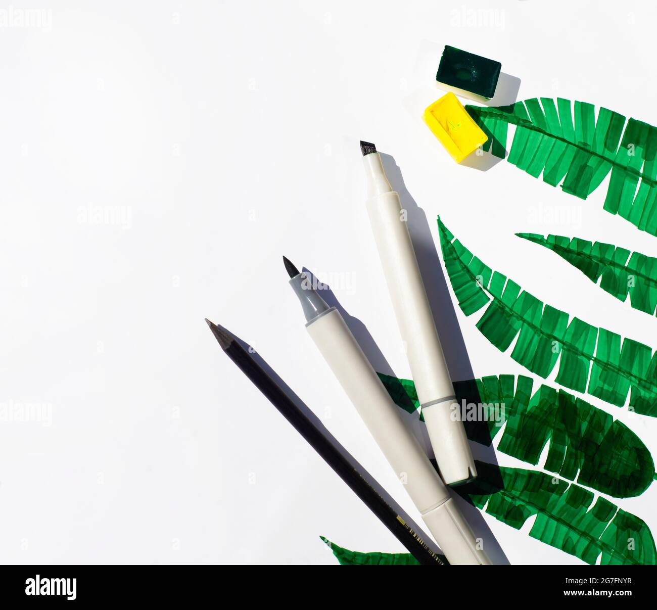 Watercolor paints, markers and pencils on a white sheet of paper. Drawn ...