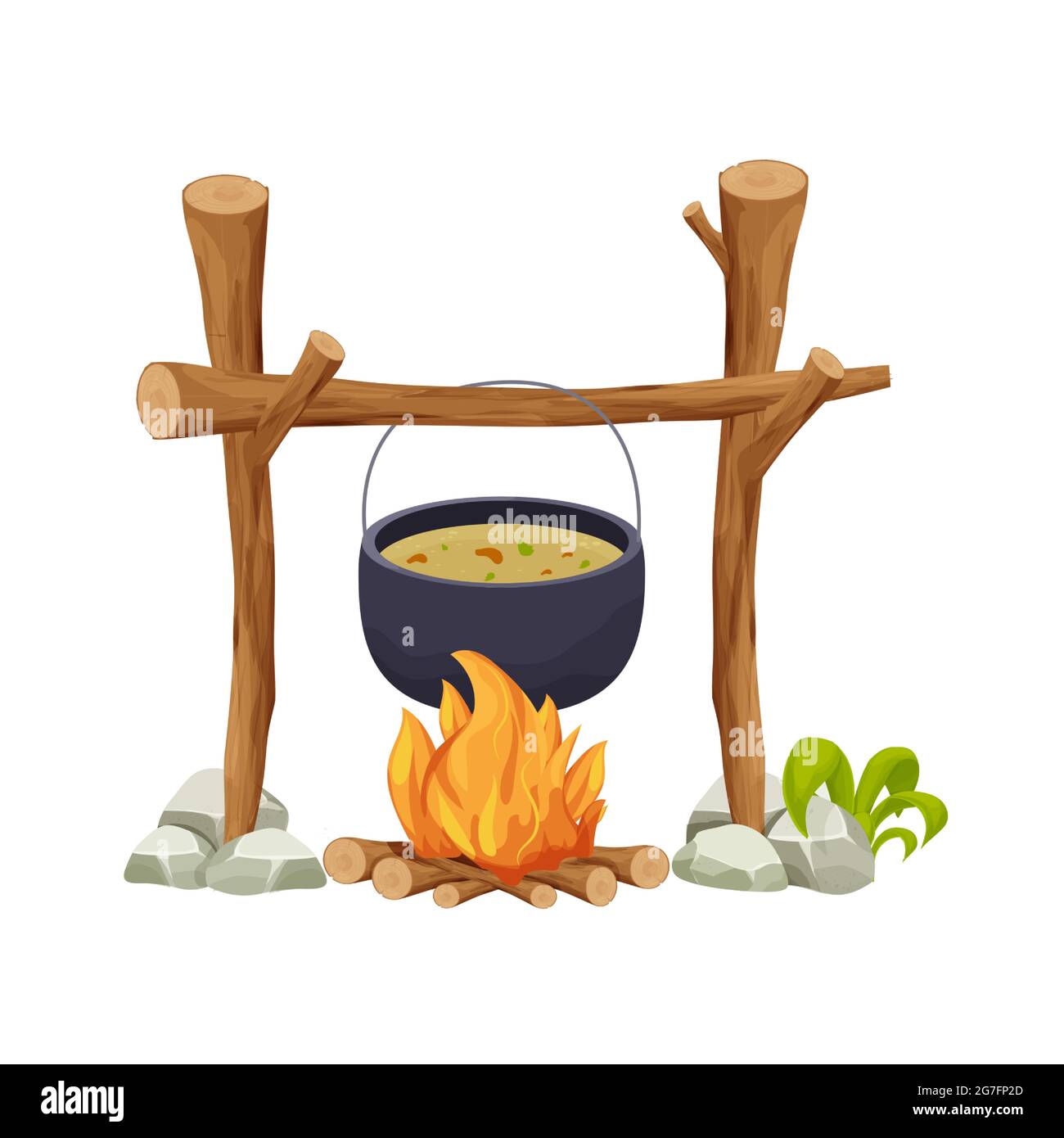Black camping pot over a campfire in cartoon style isolated on white ...