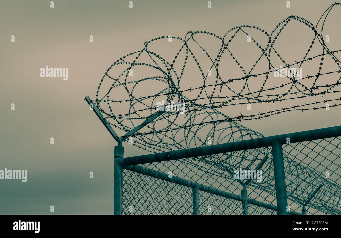 Prison security fence. Barbed wire security fence. Razor wire jail ...