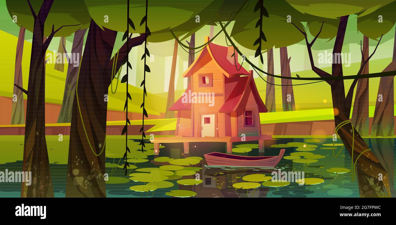 Stilt house at forest swamp with moored wooden boat. Old shack on piles ...