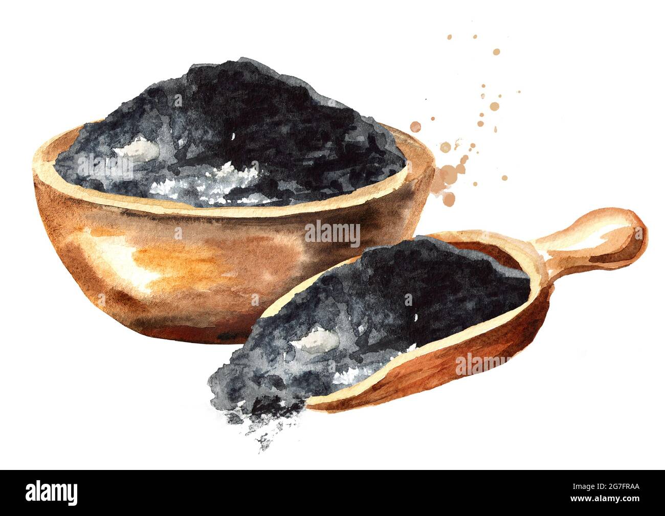 Natural charcoal powder. Watercolor hand drawn illustration isolated on ...