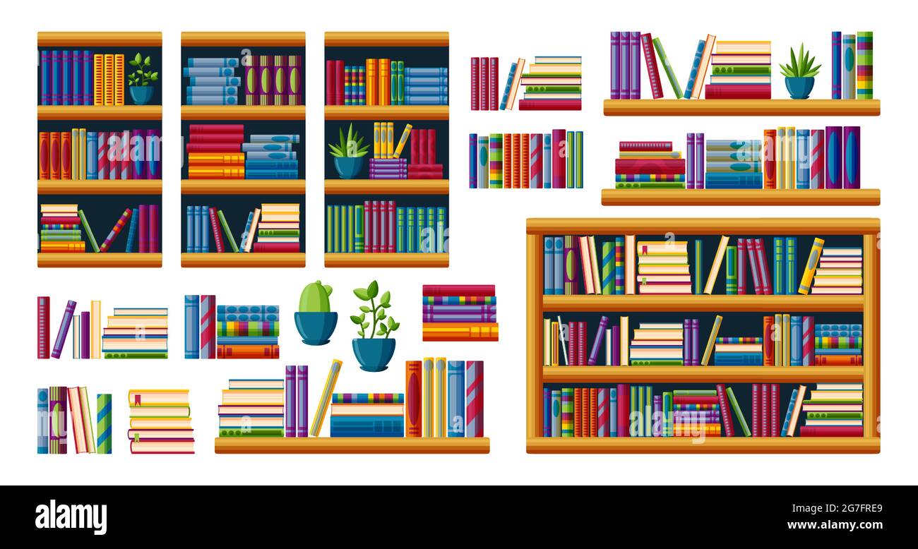 Bookshelves with bestsellers to read. Piles of books with shelves ...