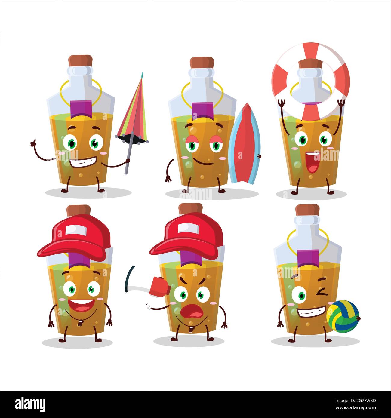 Happy Face orange magic potion cartoon character playing on a beach ...