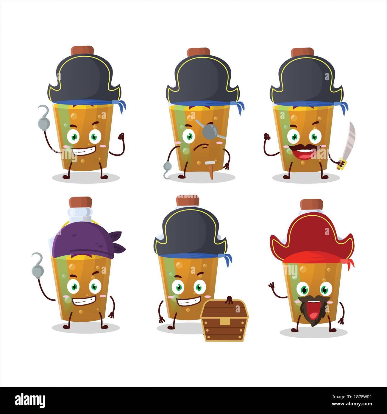 Cartoon character of orange magic potion with various pirates emoticons ...