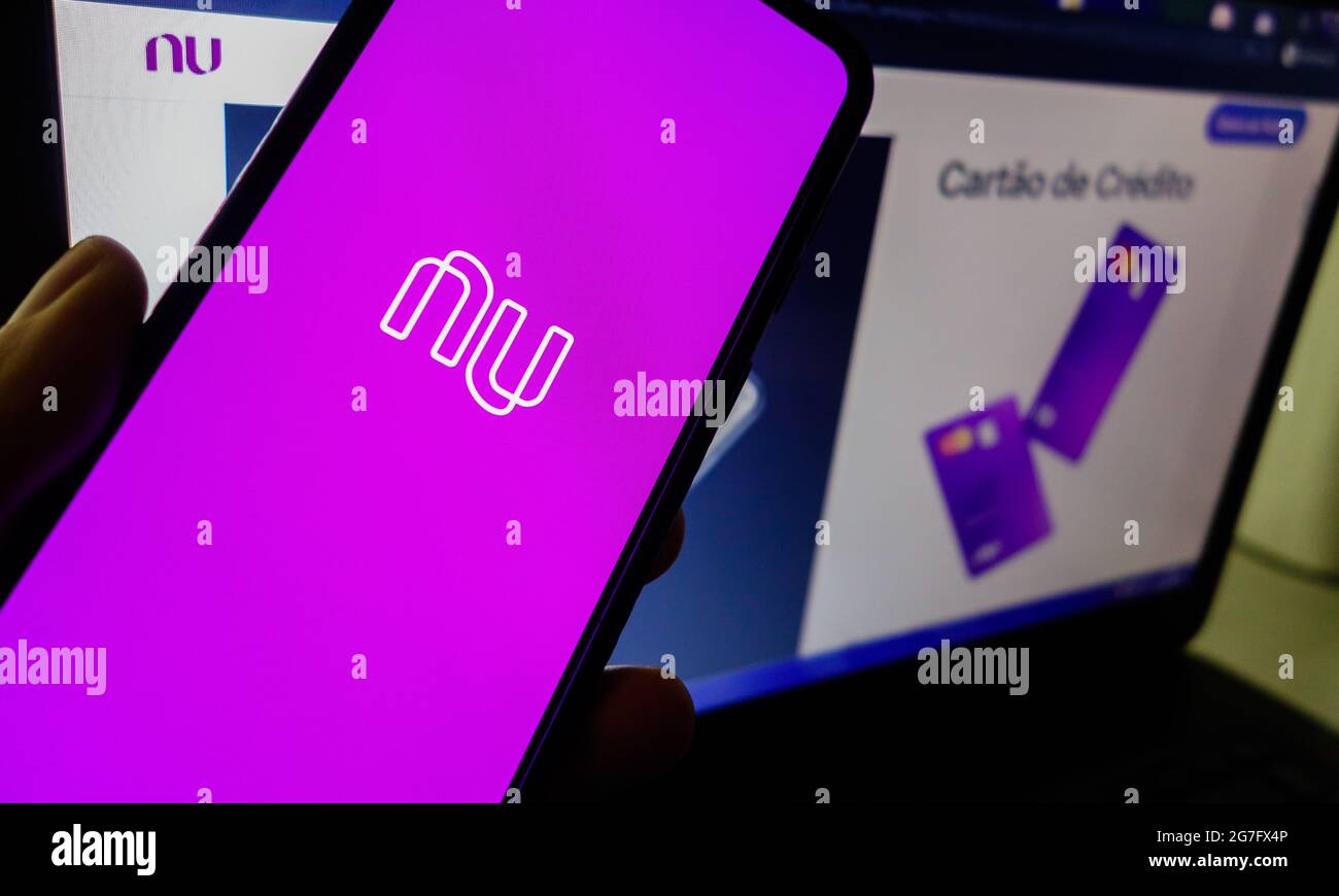 SAO PAULO, BRAZIL - Jul 03, 2021: Nubank brazilian fintech logo visible ...