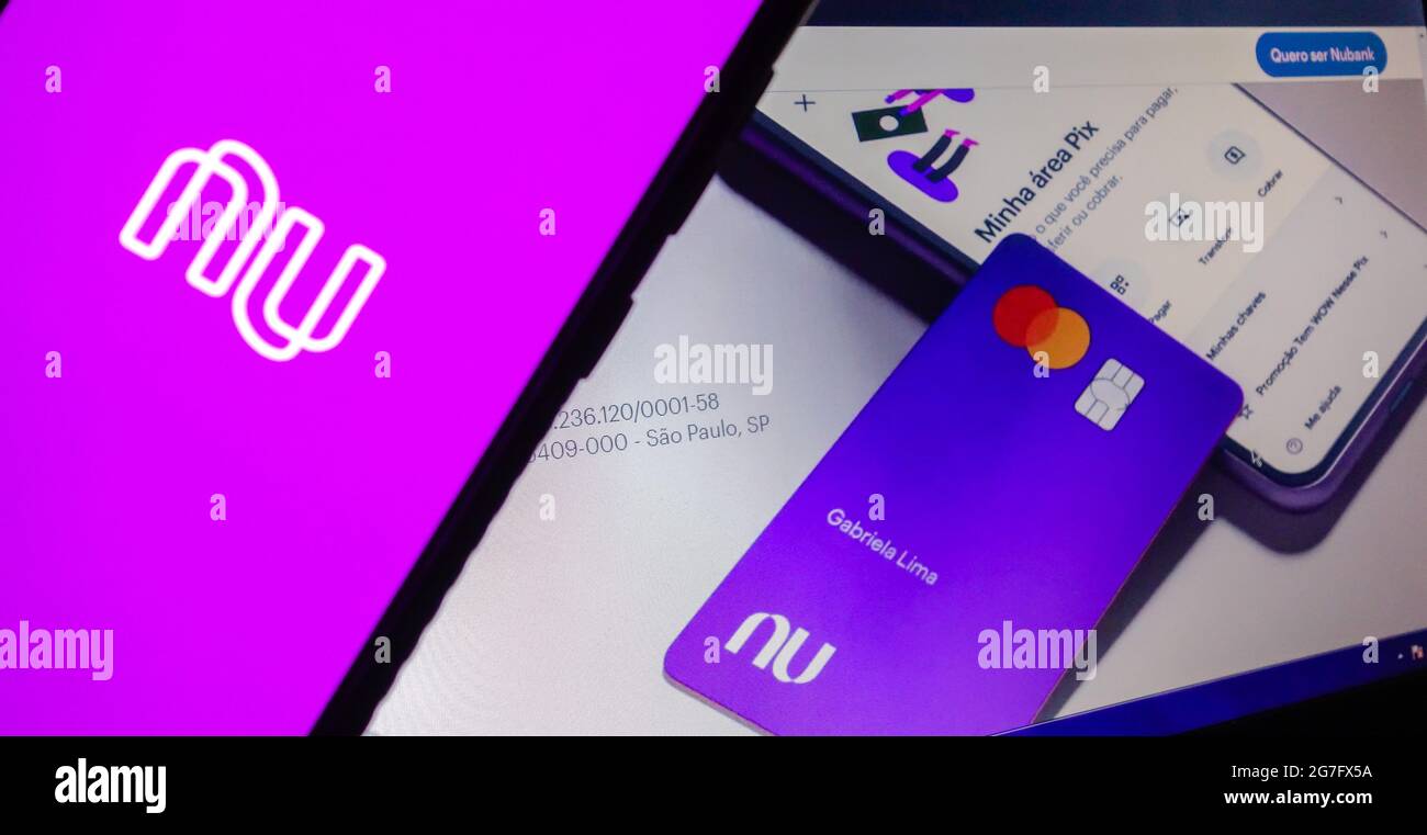 SAO PAULO, BRAZIL - Jul 03, 2021: Nubank brazilian fintech logo visible ...