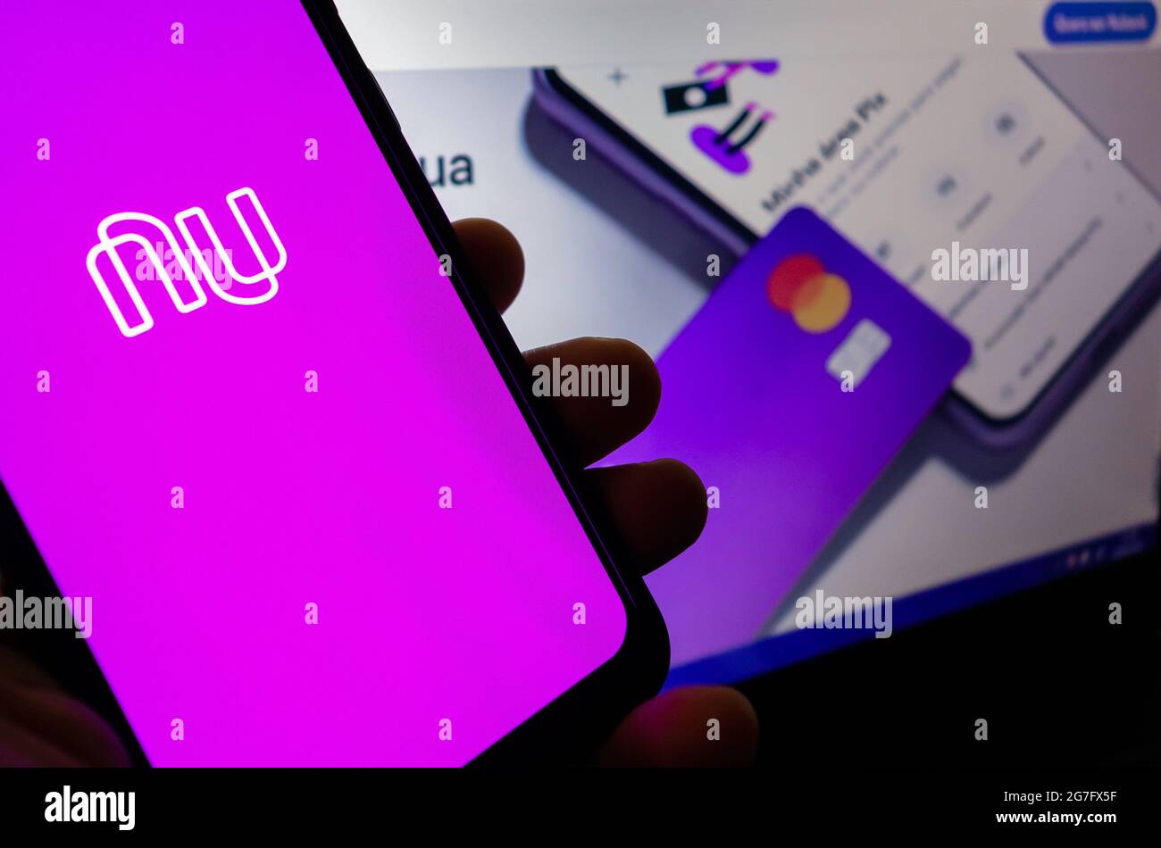 SAO PAULO, BRAZIL - Jul 03, 2021: Nubank brazilian fintech logo visible ...