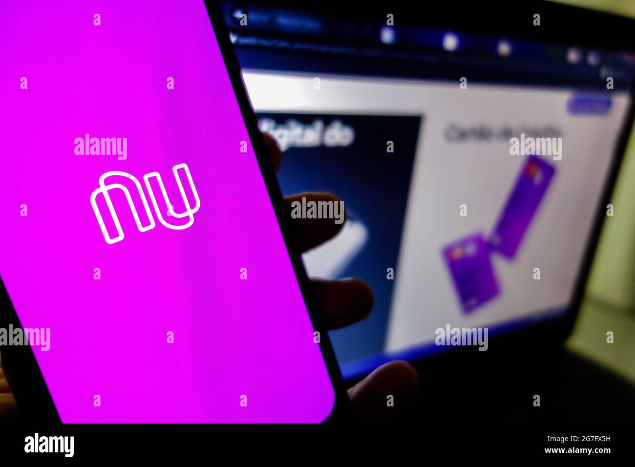 SAO PAULO, BRAZIL - Jul 03, 2021: Nubank brazilian fintech logo visible ...