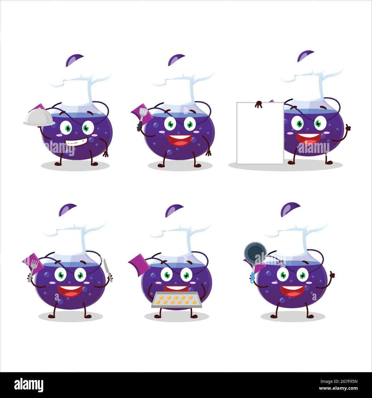 Cartoon character of purple magic potion with various chef emoticons ...