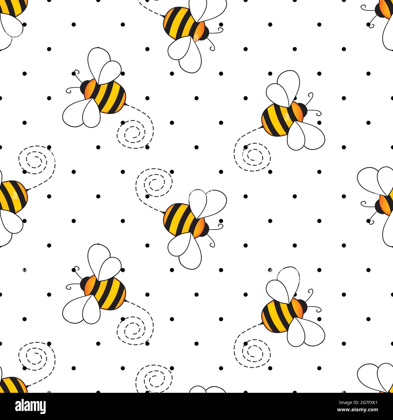 Seamless pattern with bees on white polka dots background. Small wasp ...