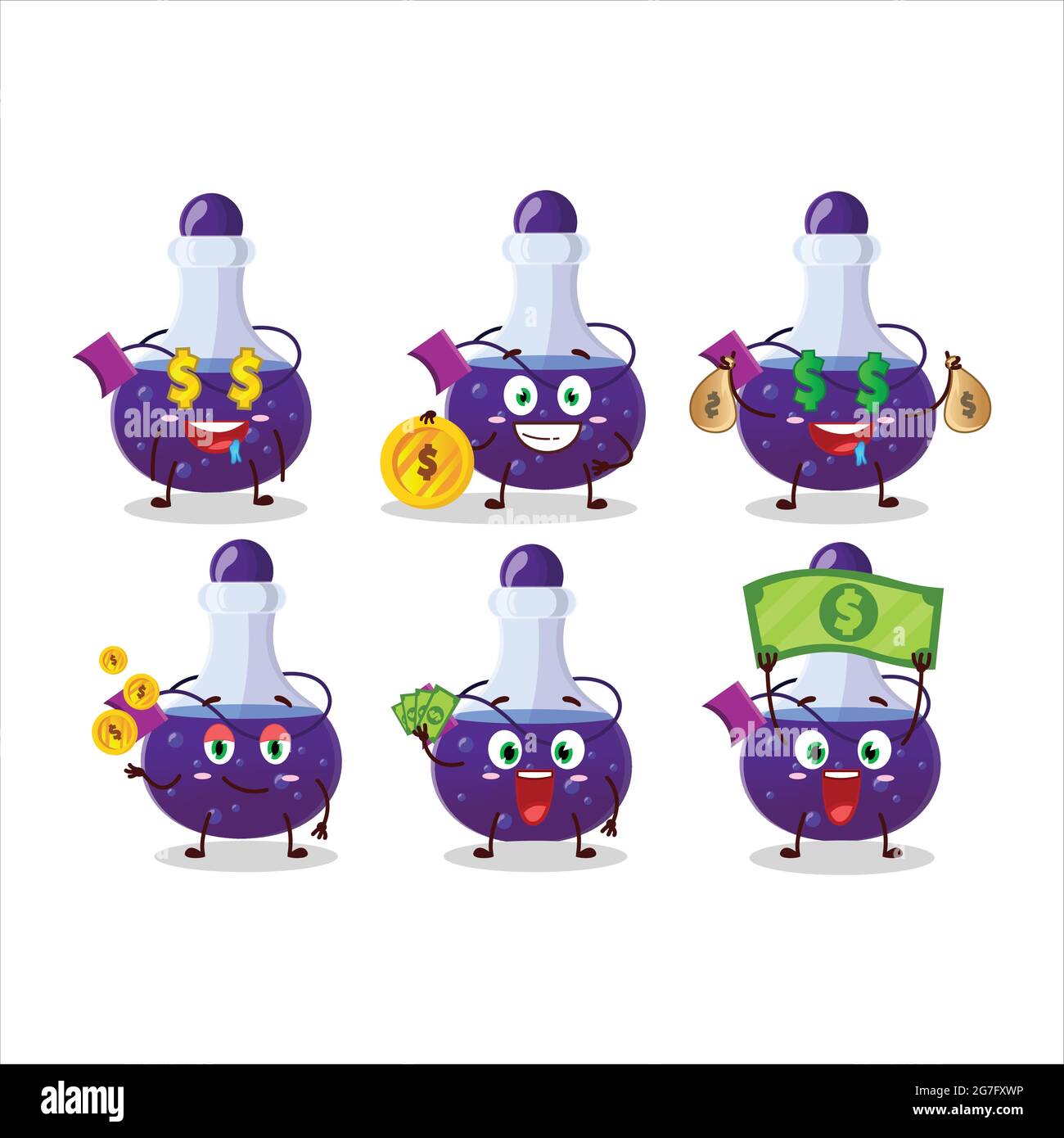 Purple magic potion cartoon character with cute emoticon bring money ...