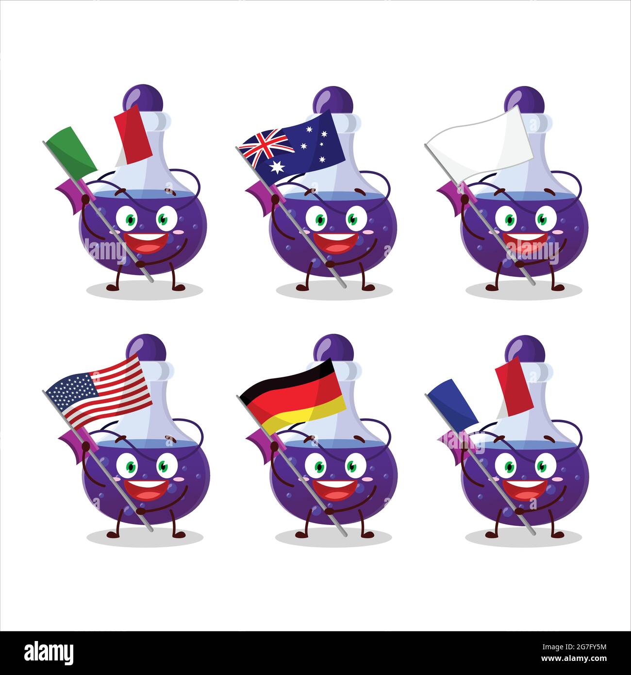 Purple magic potion cartoon character bring the flags of various ...