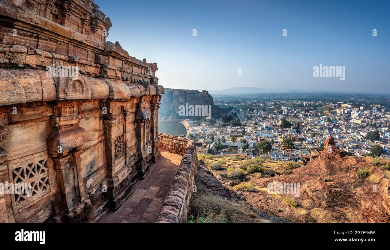 View of Upper Shivalaya on the top of northern rocky hill in Badami ...