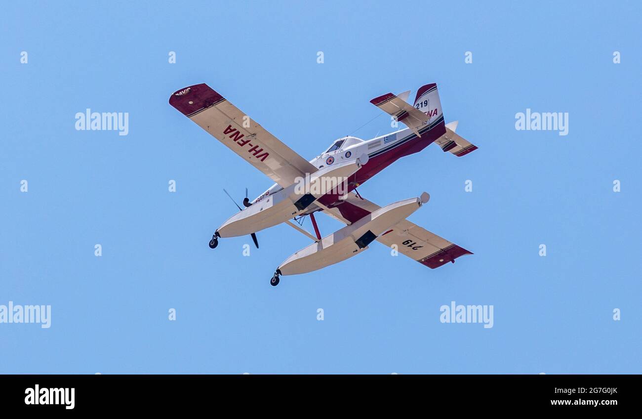Greece, Athens. July 13, 2021. VH FNA Air Tractor aircraft of the Greek ...
