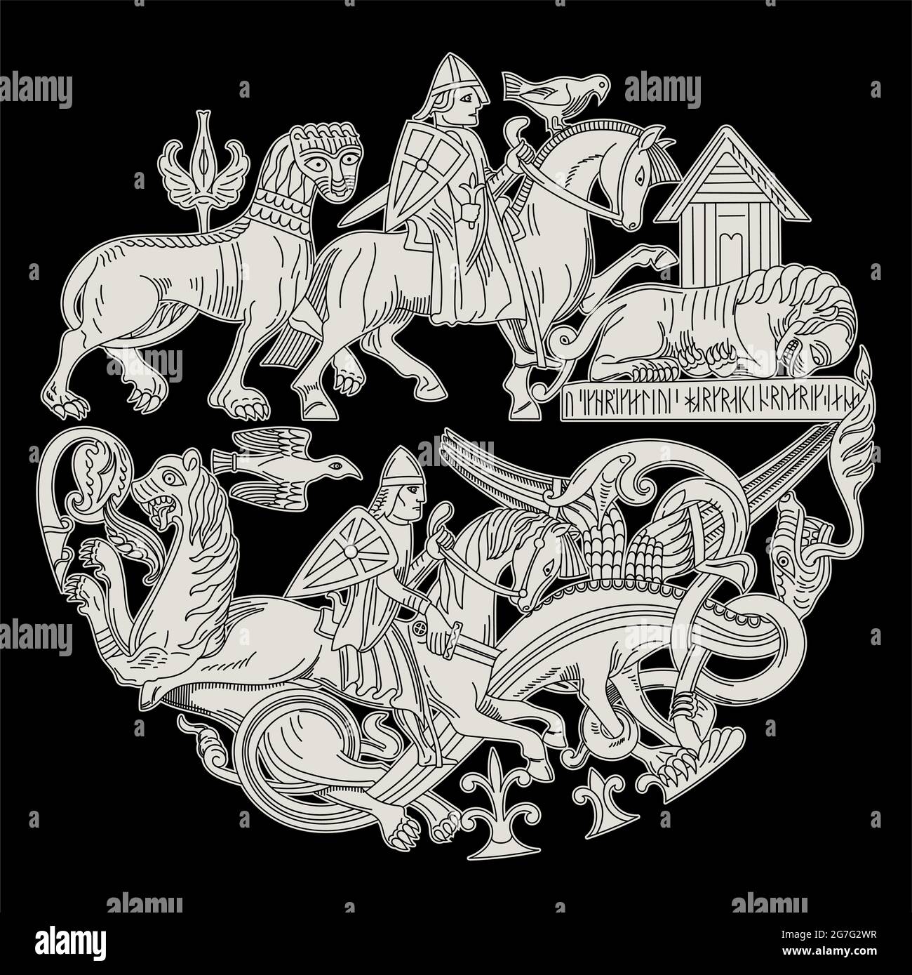 Scandinavian Viking design. Viking riders fight mythical animals ...