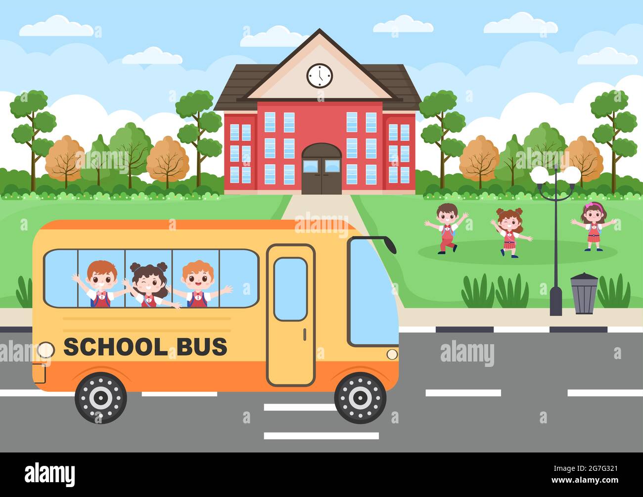 Back To School, Modern Building and Bus in the Front Yard With Some ...