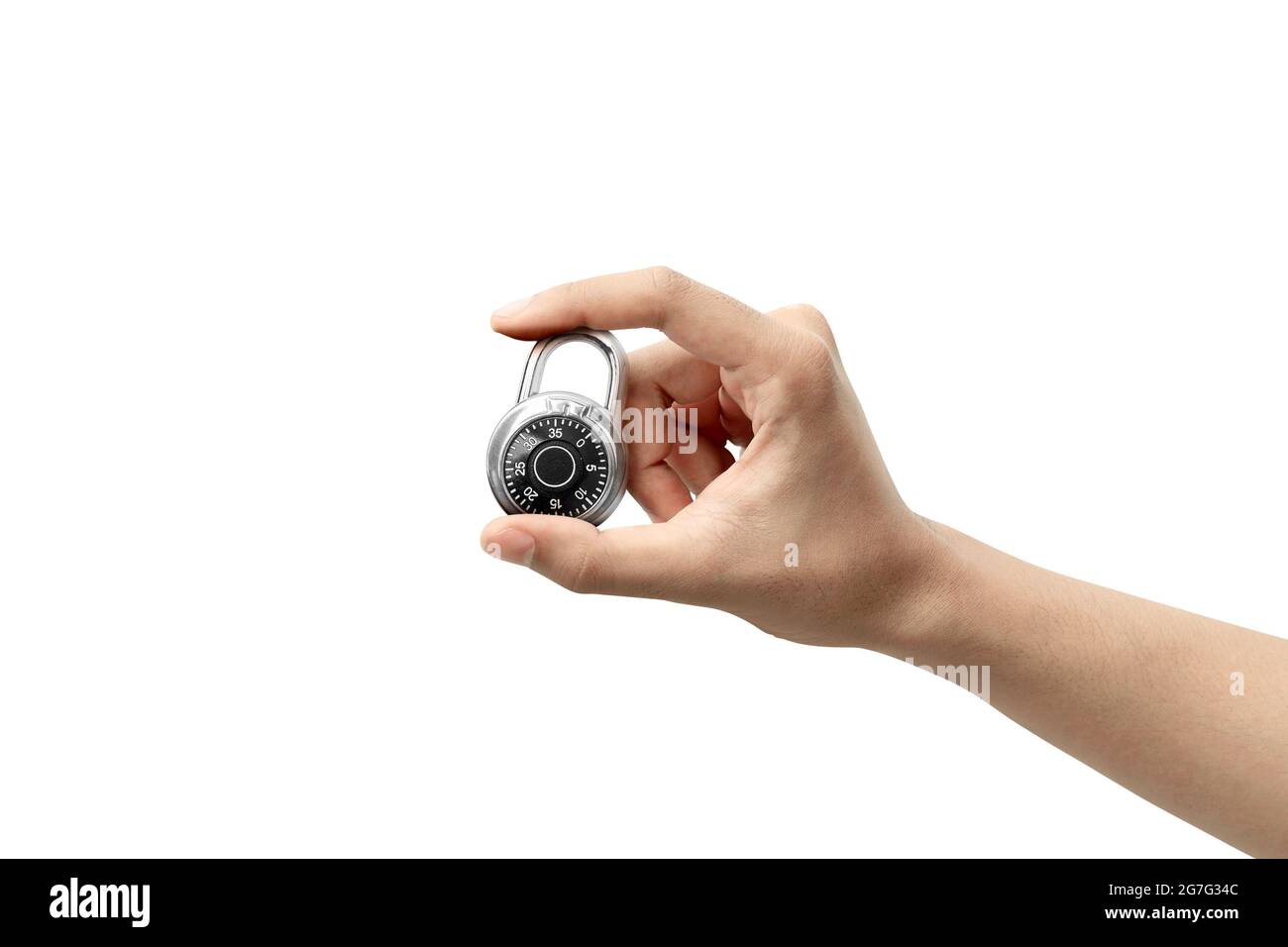 Human hand holding padlock isolated over white background Stock Photo ...