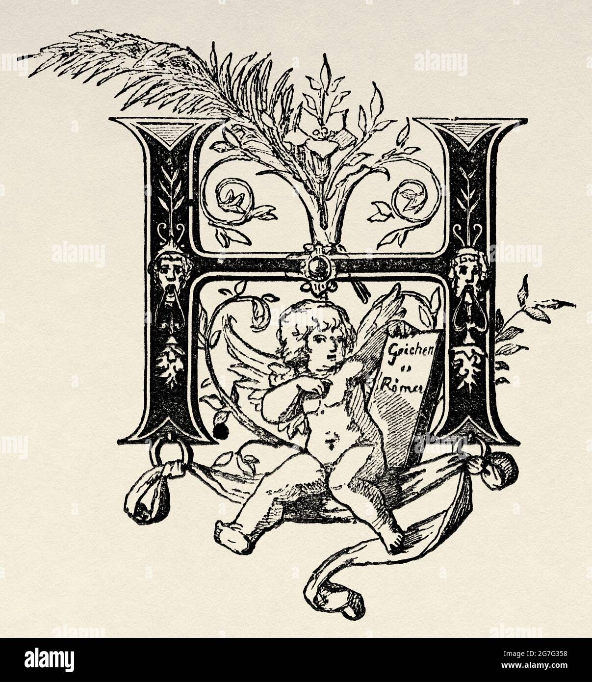 Calligraphic Design Font. Initial letter H. Old 19th century engraved ...