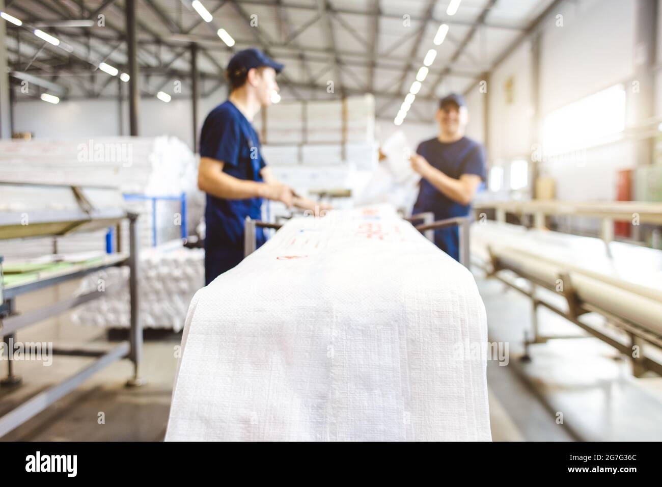Workers in a factory carry out technological processes on a conveyor ...