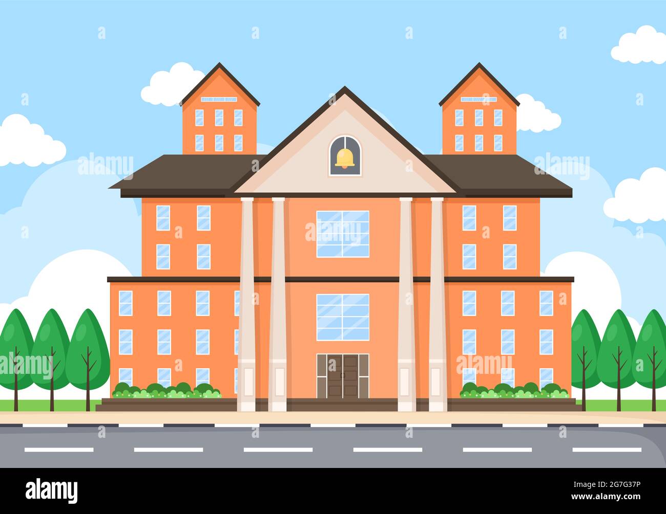 Back To School, Modern Building and View Front Yard With Green Grass ...