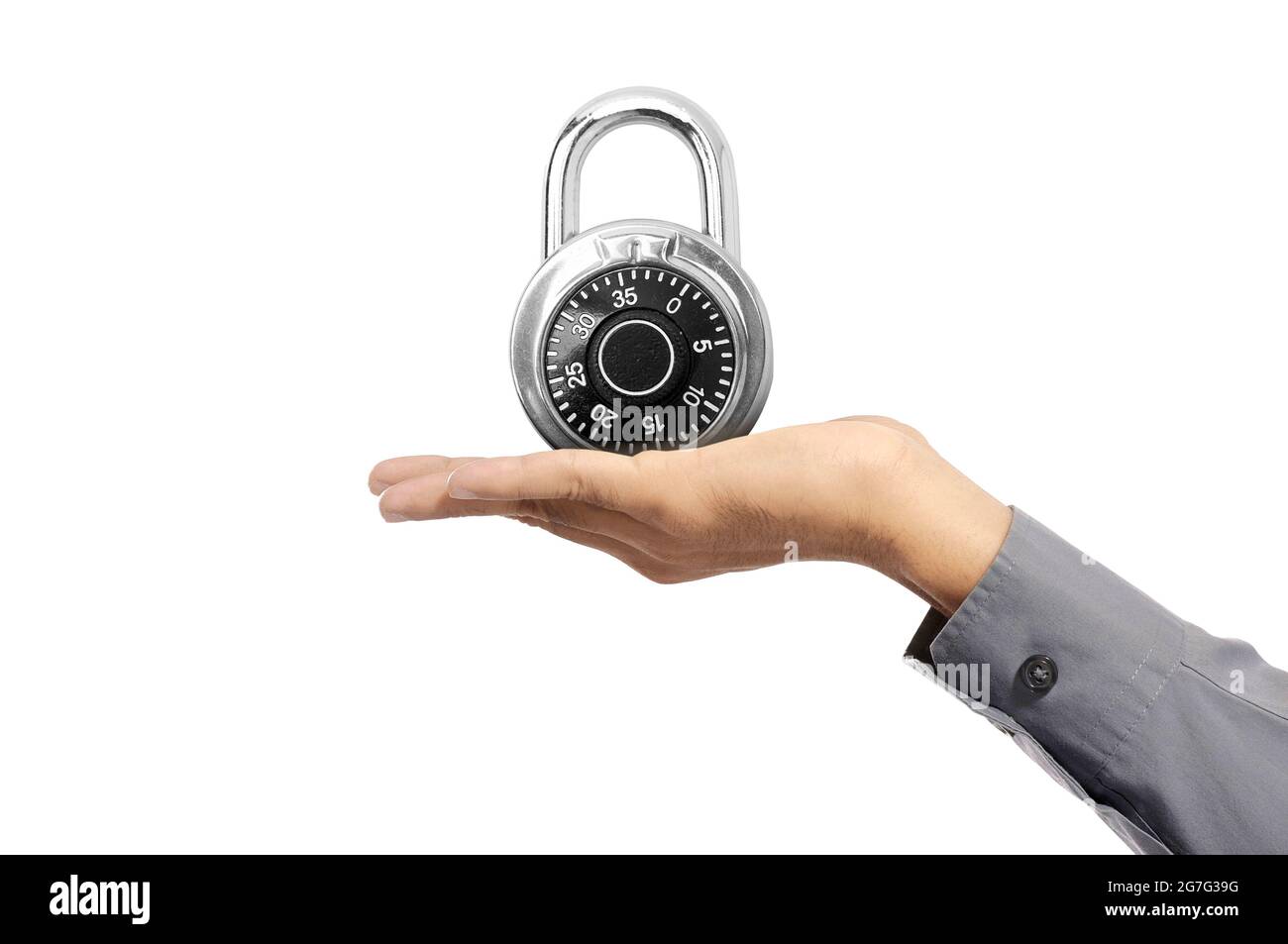 Human hand holding padlock isolated over white background Stock Photo ...