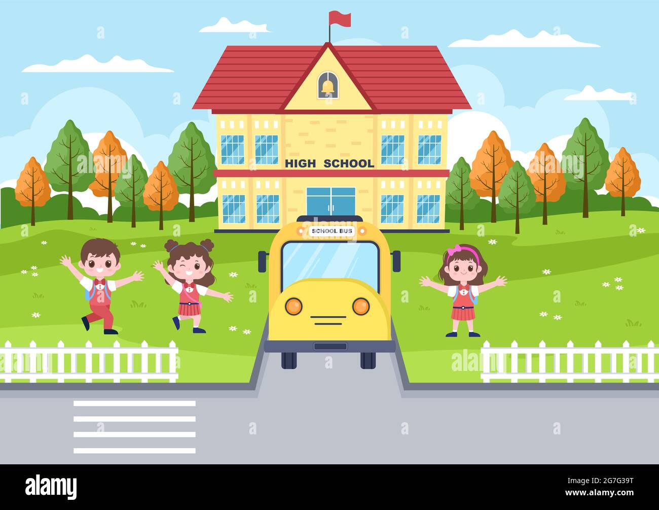 Back To School, Modern Building and Bus in the Front Yard With Some ...