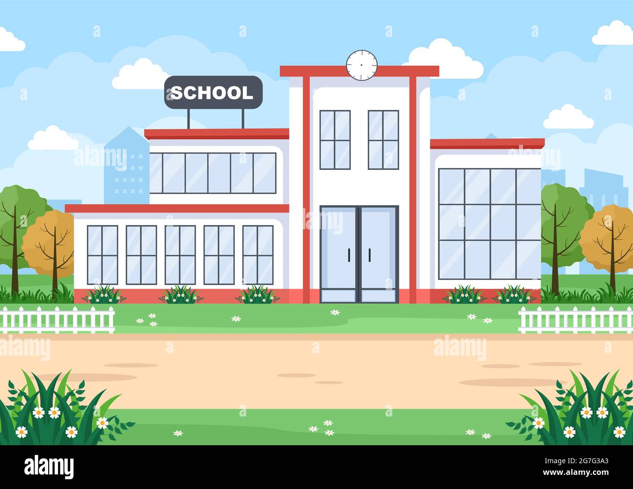 Back To School, Modern Building and View Front Yard With Green Grass ...
