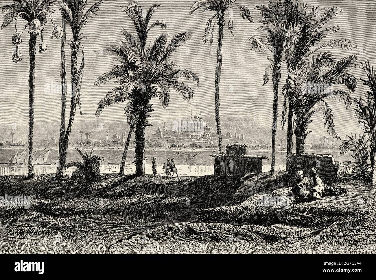 Panoramic view of the ancient Egyptian city of Cairo and the Nile river ...