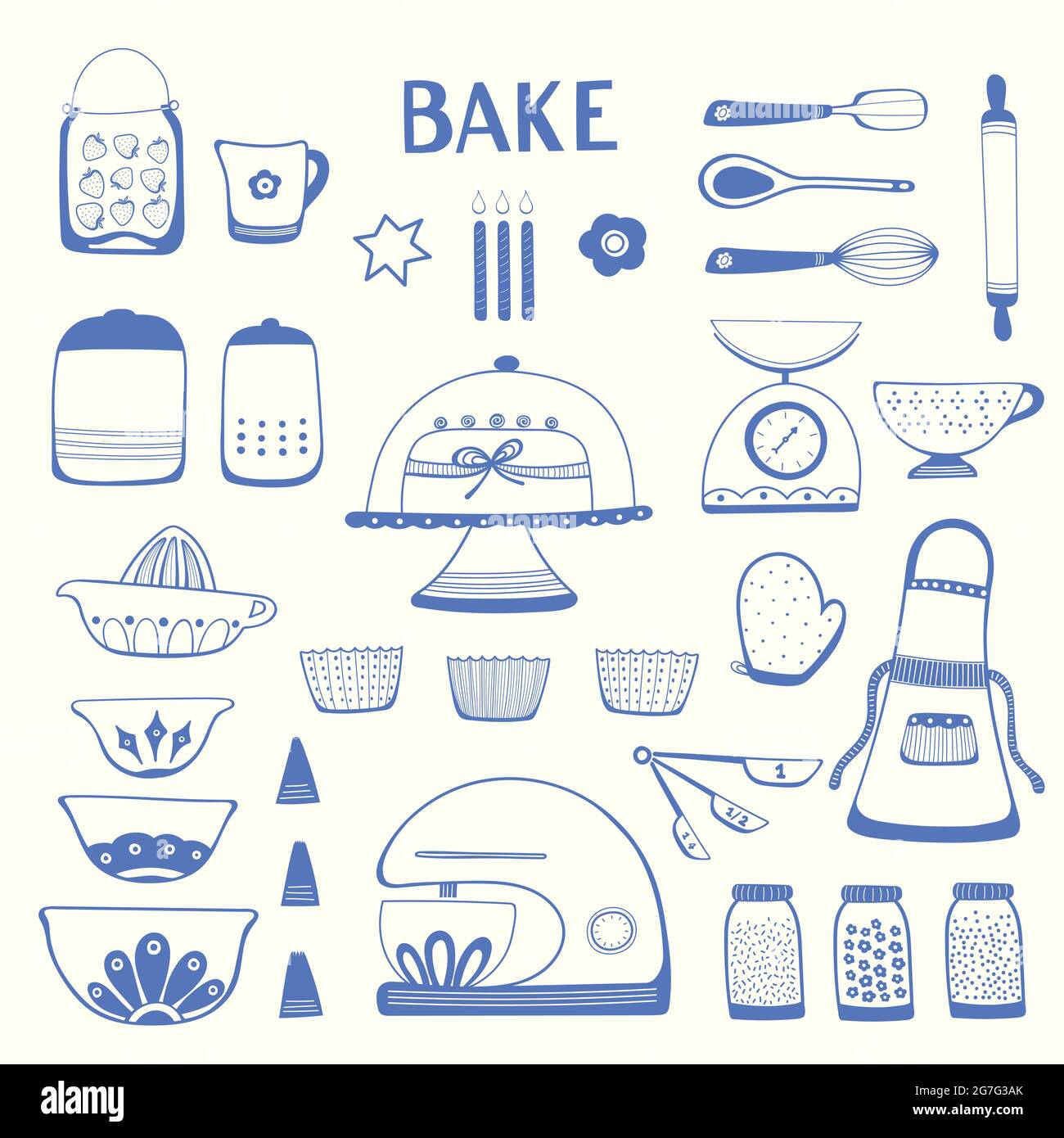 Baking kitchen icon illustration set. Vector blue outlines design ...