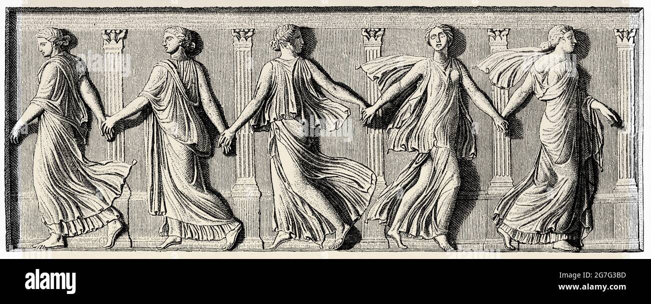 Women in Grecian style dress dancing. Ancient Greece, Europe. Old 19th ...