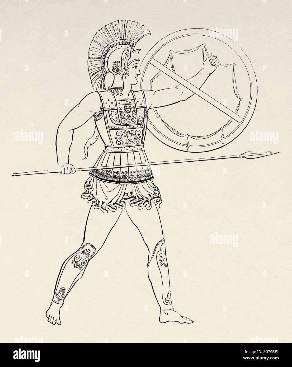 Ancient grecian warriors on foot. Ancient Greece, Europe. Old 19th ...