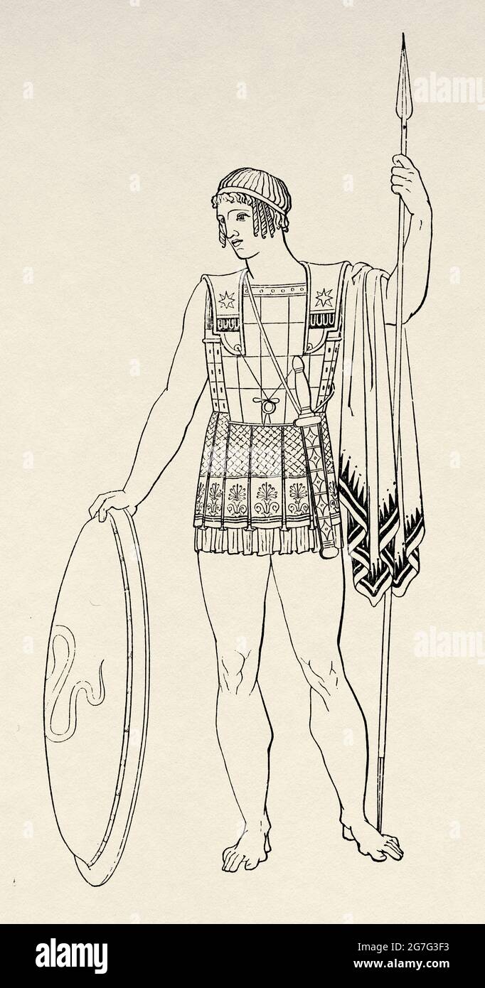 Ancient grecian warriors on foot. Ancient Greece, Europe. Old 19th ...