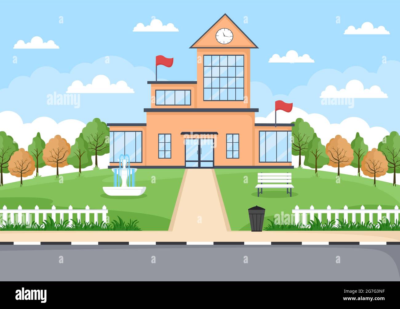 Back To School, Modern Building and View Front Yard With Green Grass ...