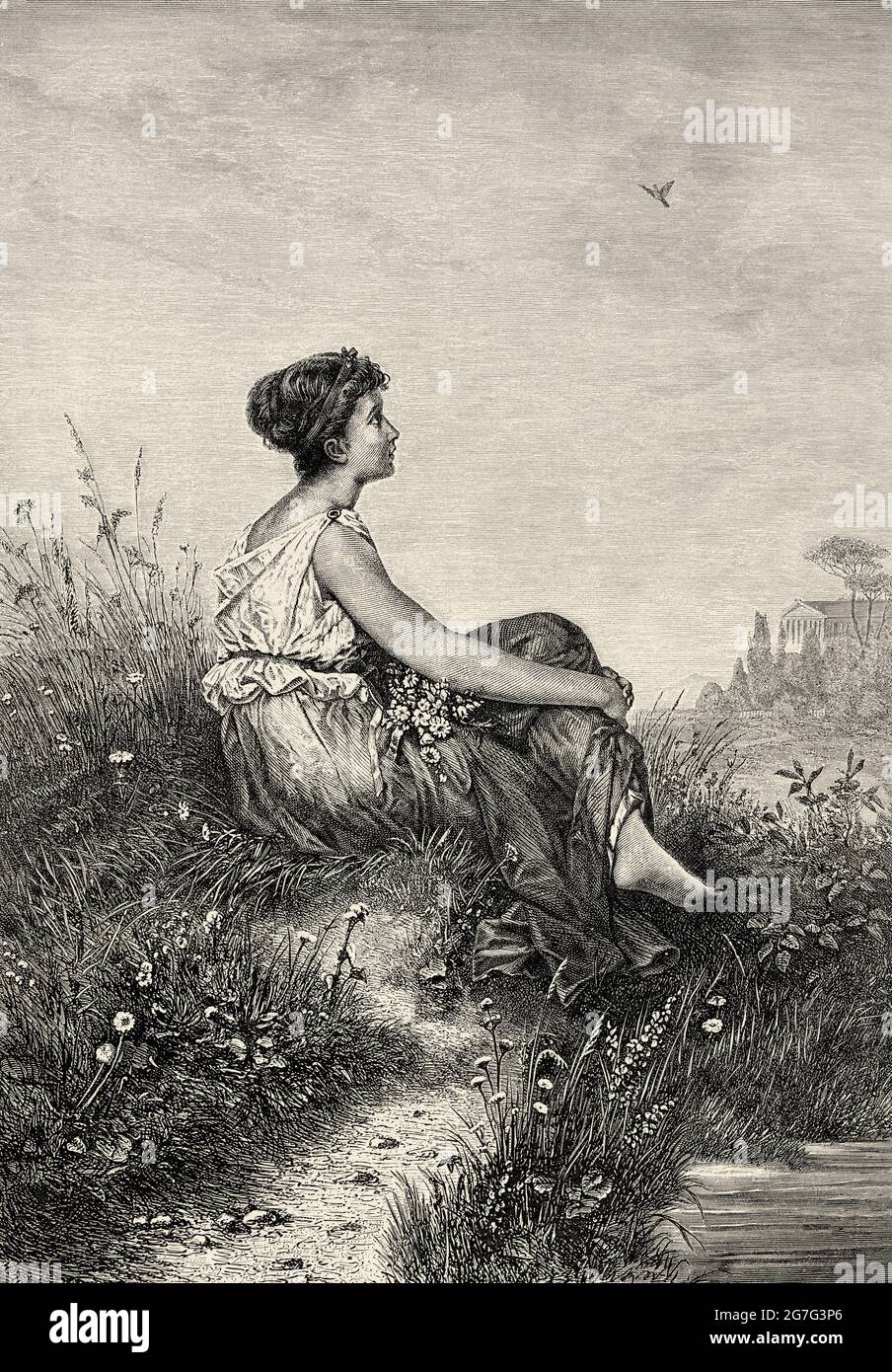 The girl and the lark, painting by the German painter Beyschlag Robert ...