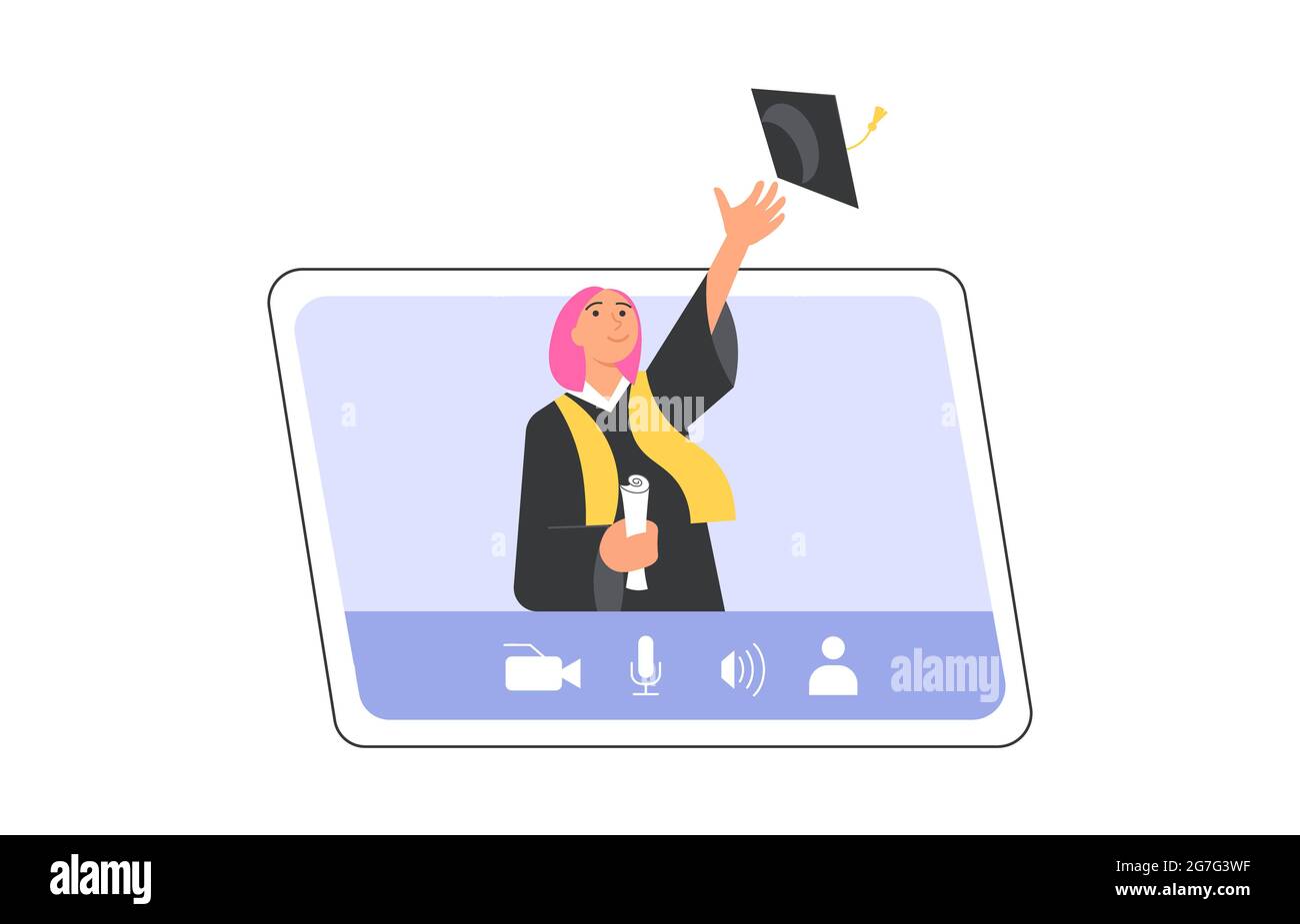 Online Video Graduation ceremony on distance. Happy graduate woman on ...
