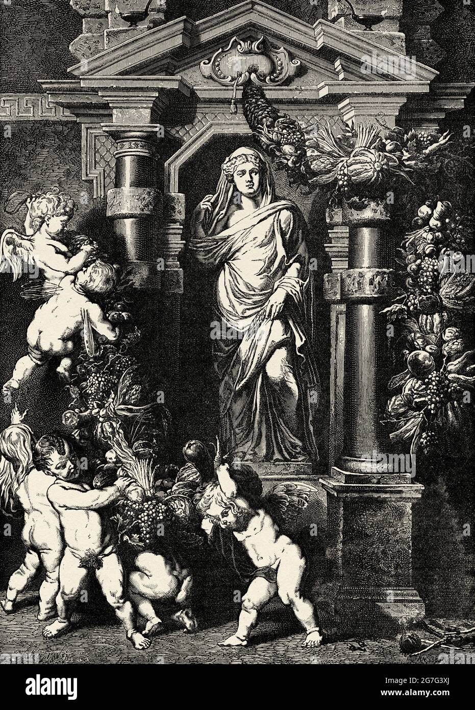 Tribute to Ceres by the geniuses of abundance. Old 19th century ...