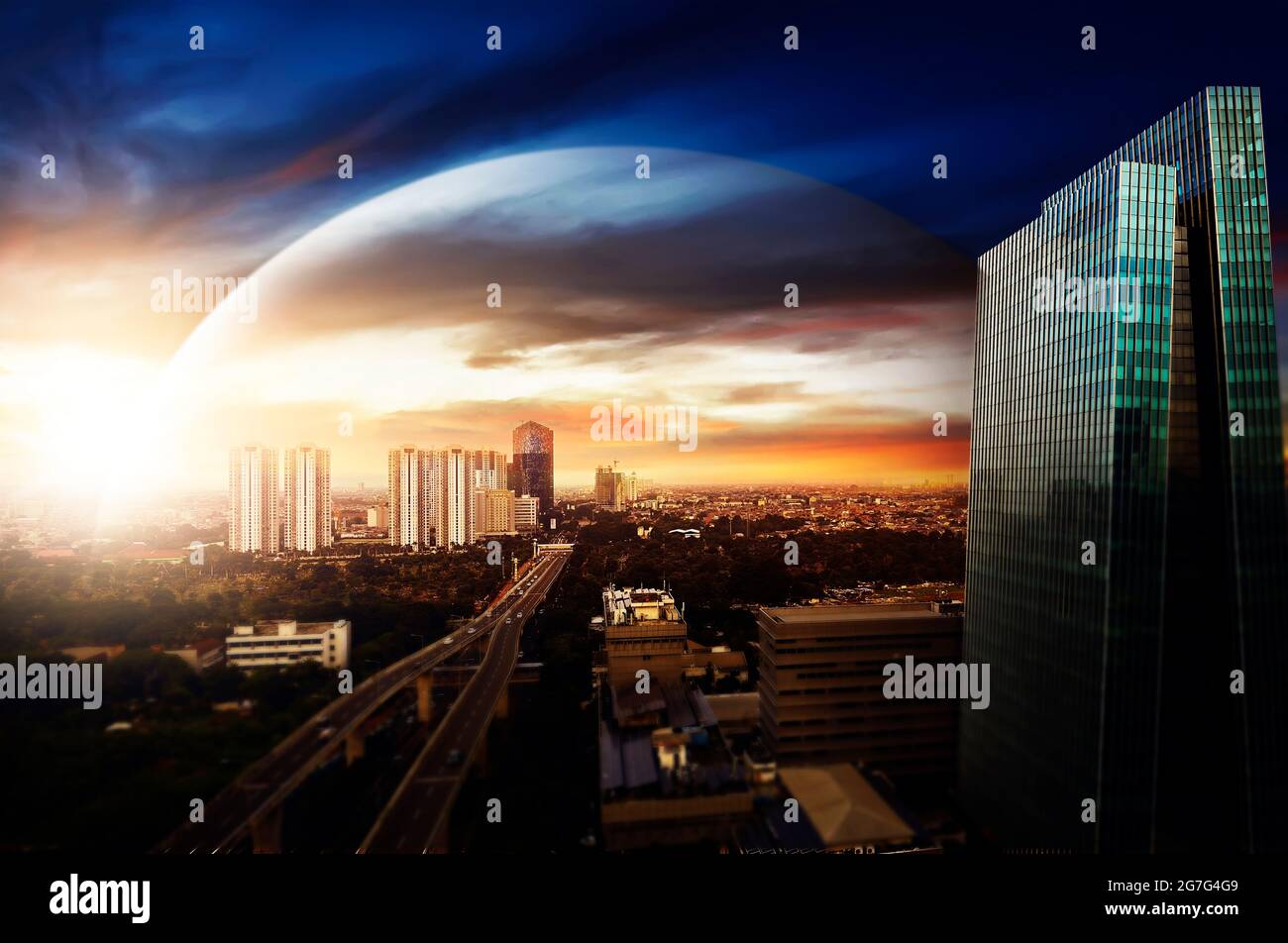 Modern building and skyscrapers view with dome protection on the city ...