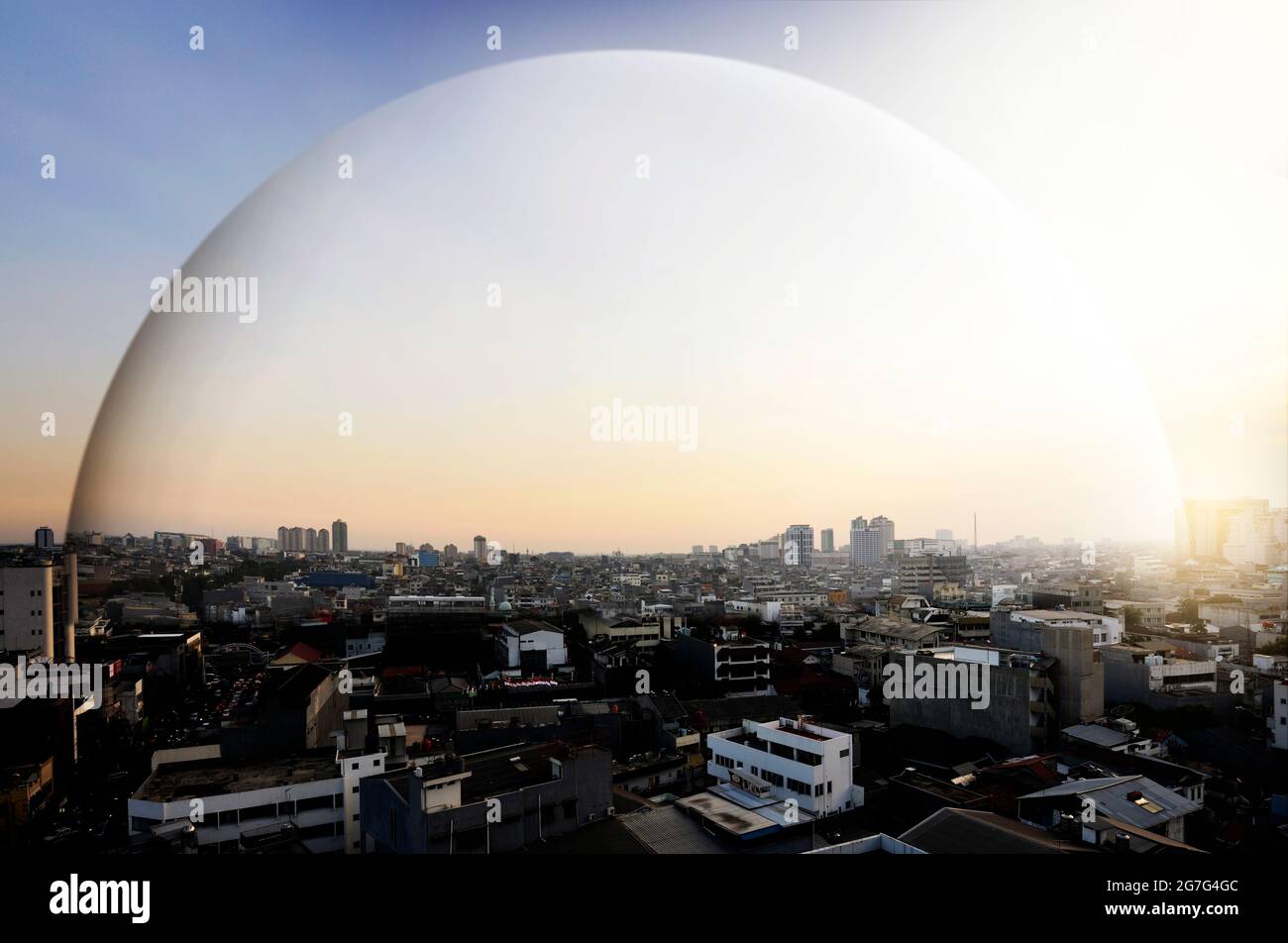 Modern building and skyscrapers view with dome protection on the city ...