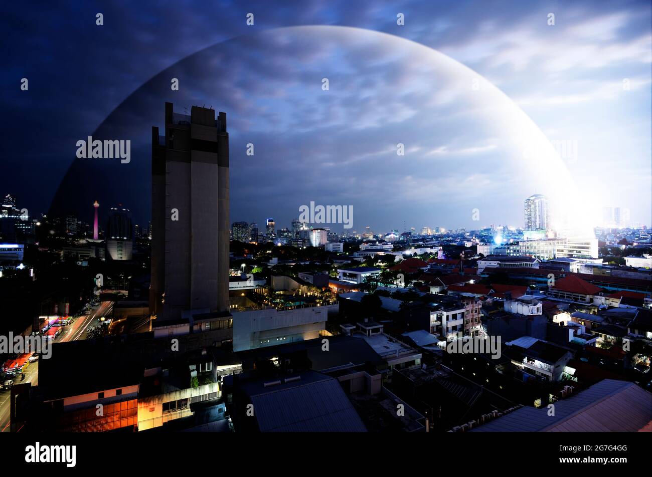 Modern building and skyscrapers view with dome protection on the city ...