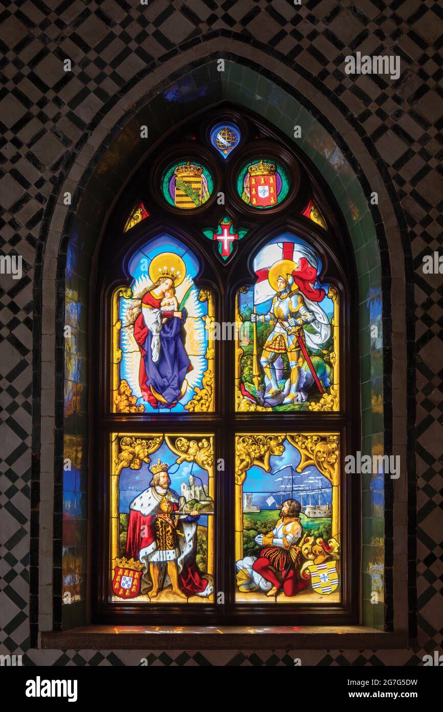 Stained glass window in the Chapel at the Pena National Palace, Sintra ...