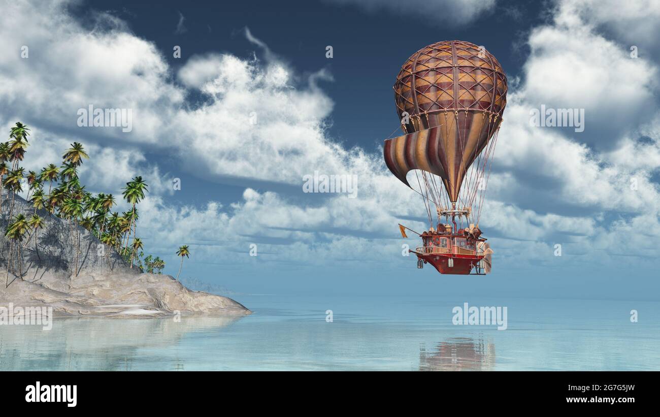 Fantasy hot air balloon over an island landscape Stock Photo - Alamy