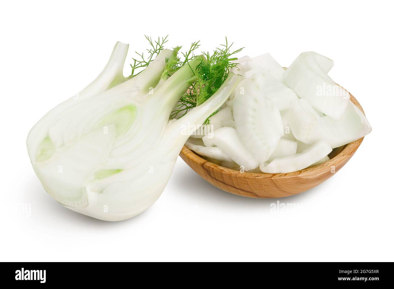 fresh fennel bulb slices in wooden bowl isolated on white background ...