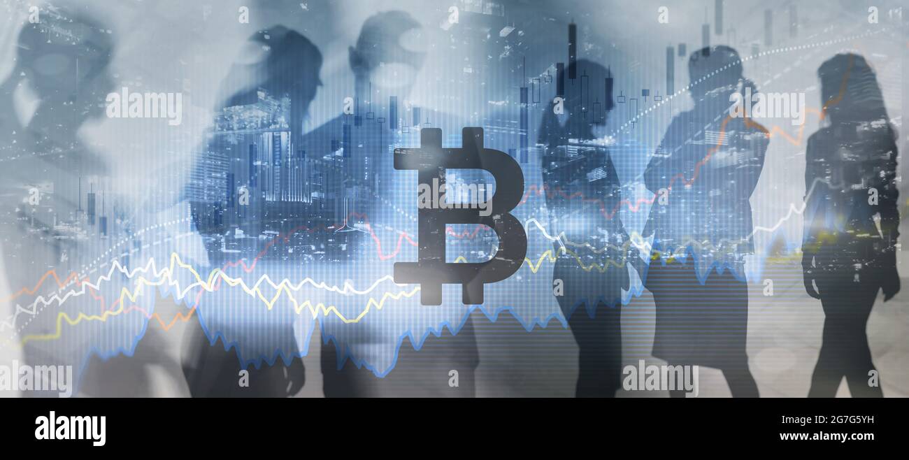 Bitcoin icon mixed media. Cryptocurrency concept with double exposure ...