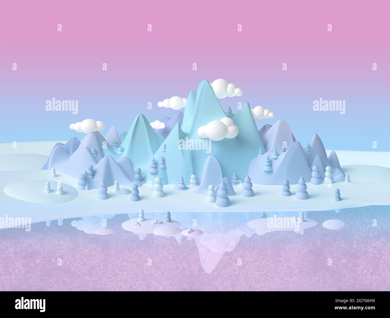 Childhood fantasy world winter dream mountain and frozen lake landscape ...