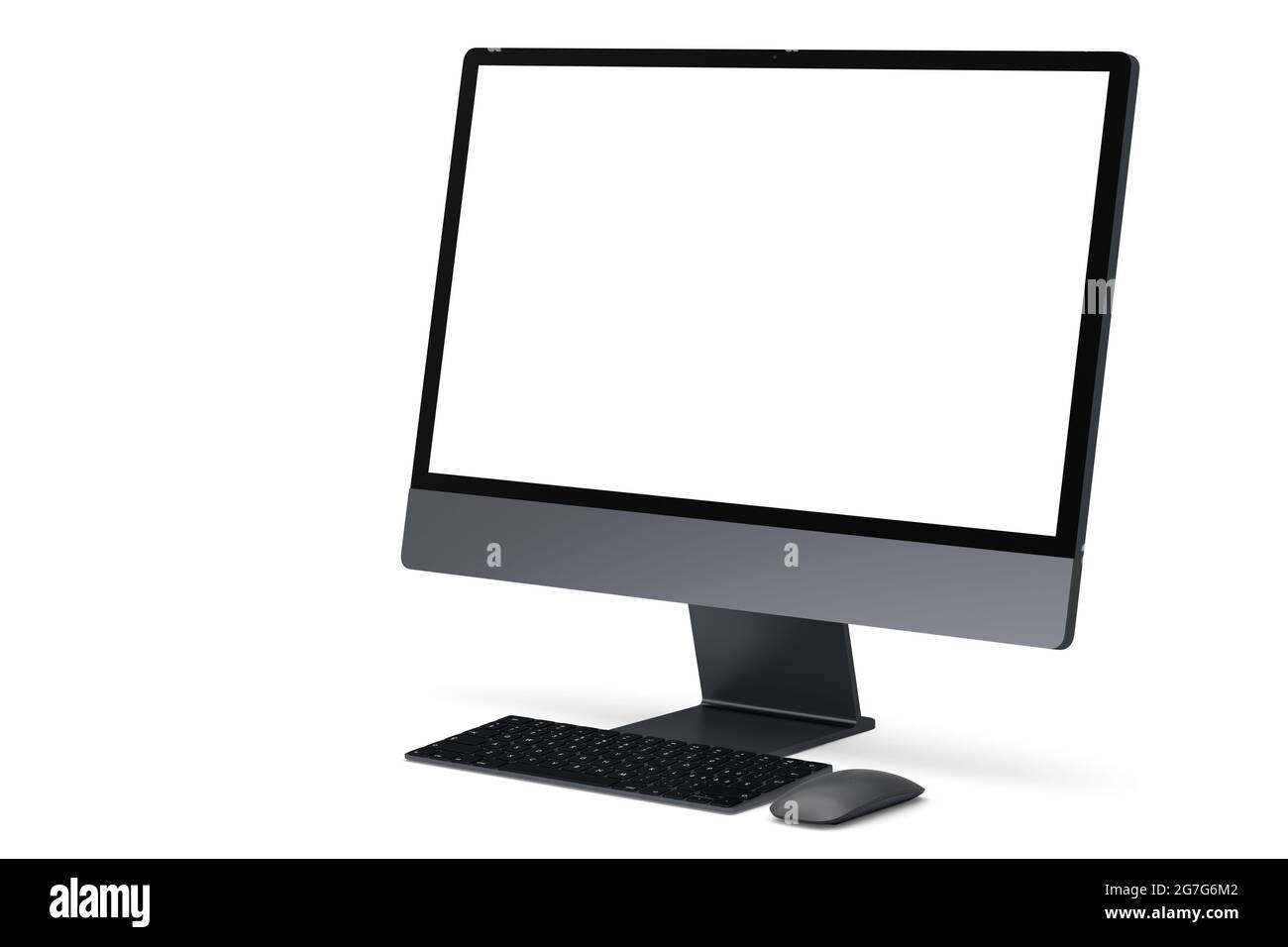 Realistic dark grey computer screen display with keyboard and mouse ...